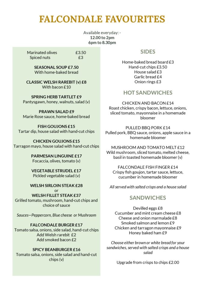 Sunday Lunch Menu - The Falcondale